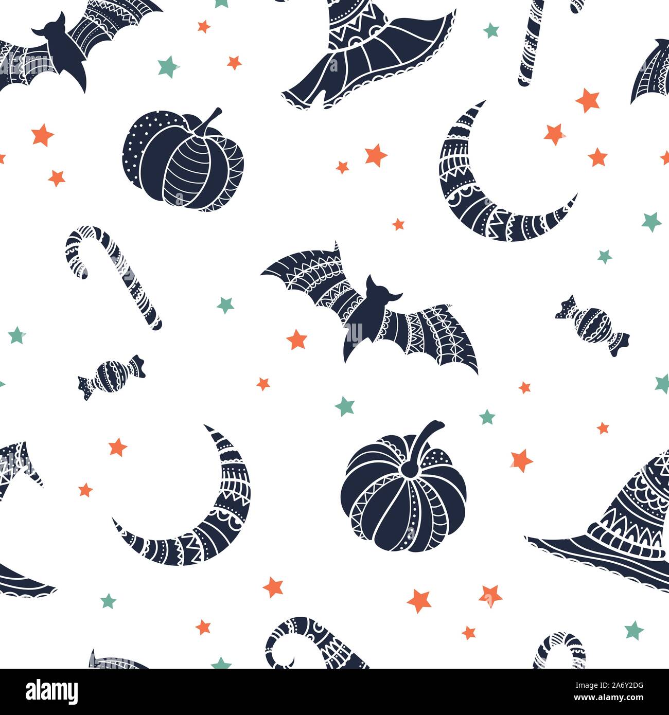 Creative halloween seamless pattern, hand drawn pumpkins, bats, witch ...
