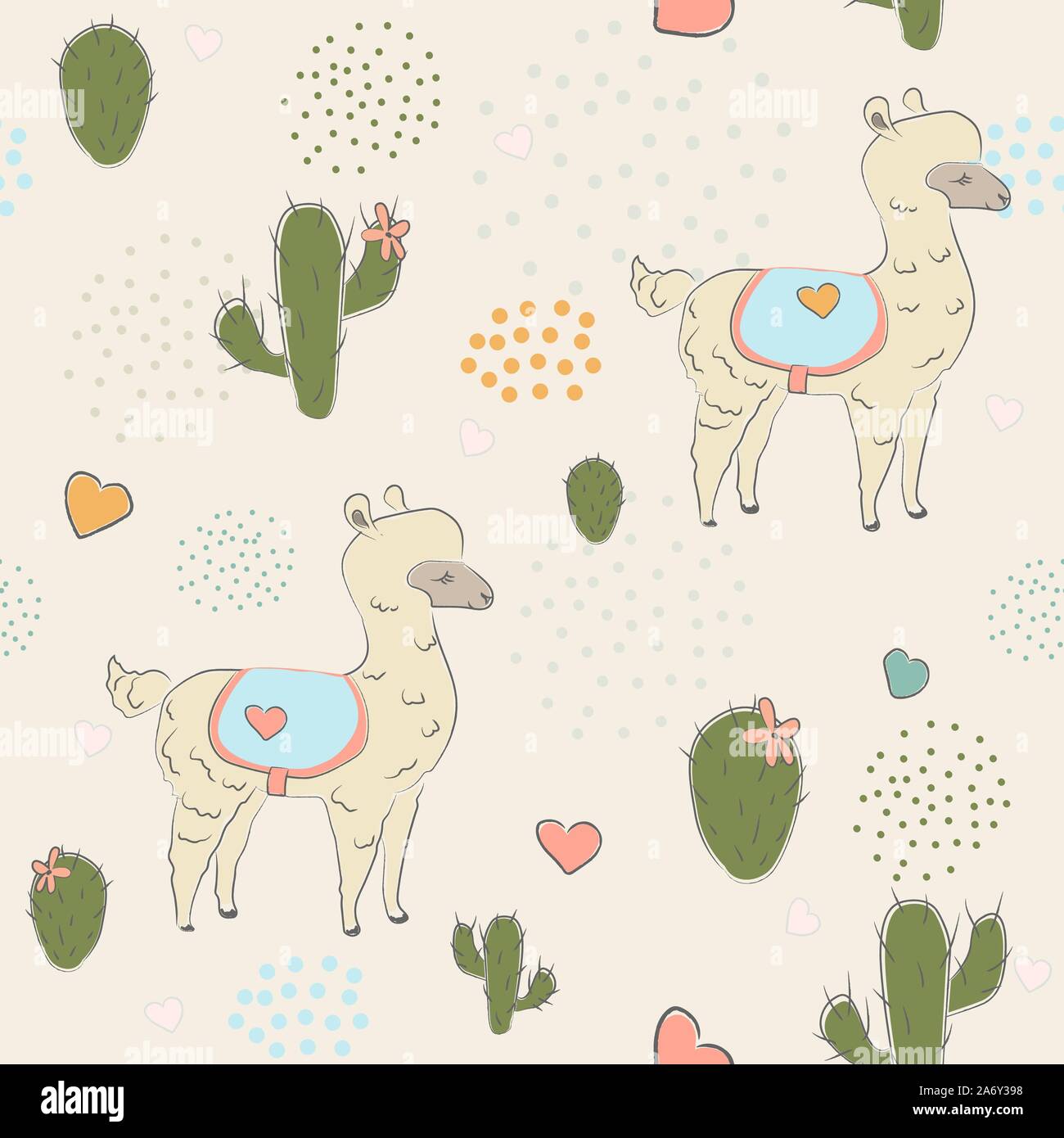 Seamless Alpaca Pattern with cacti, hearts and dots on dark background ...