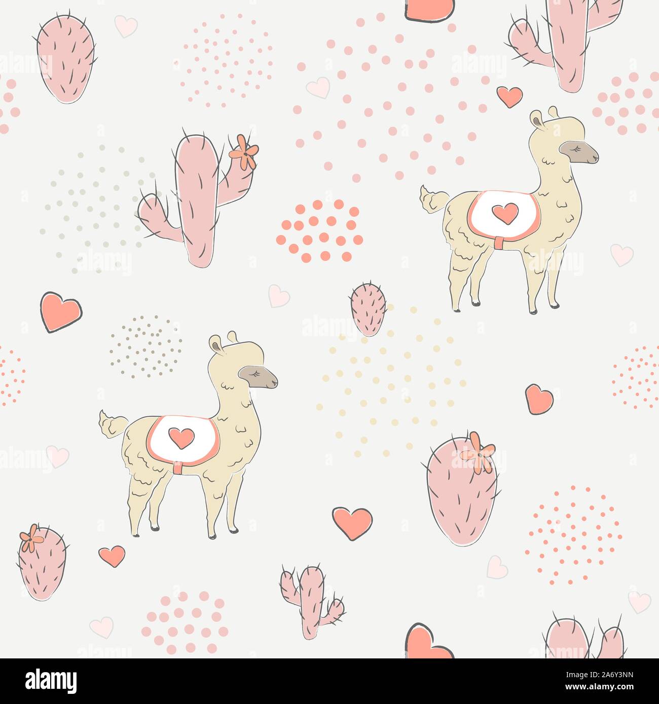 Seamless Alpaca Pattern with cacti, hearts and dots on dark background ...