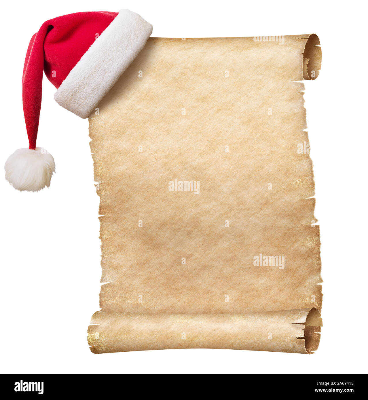 Old paper scroll and christmas hat isolated Stock Photo - Alamy