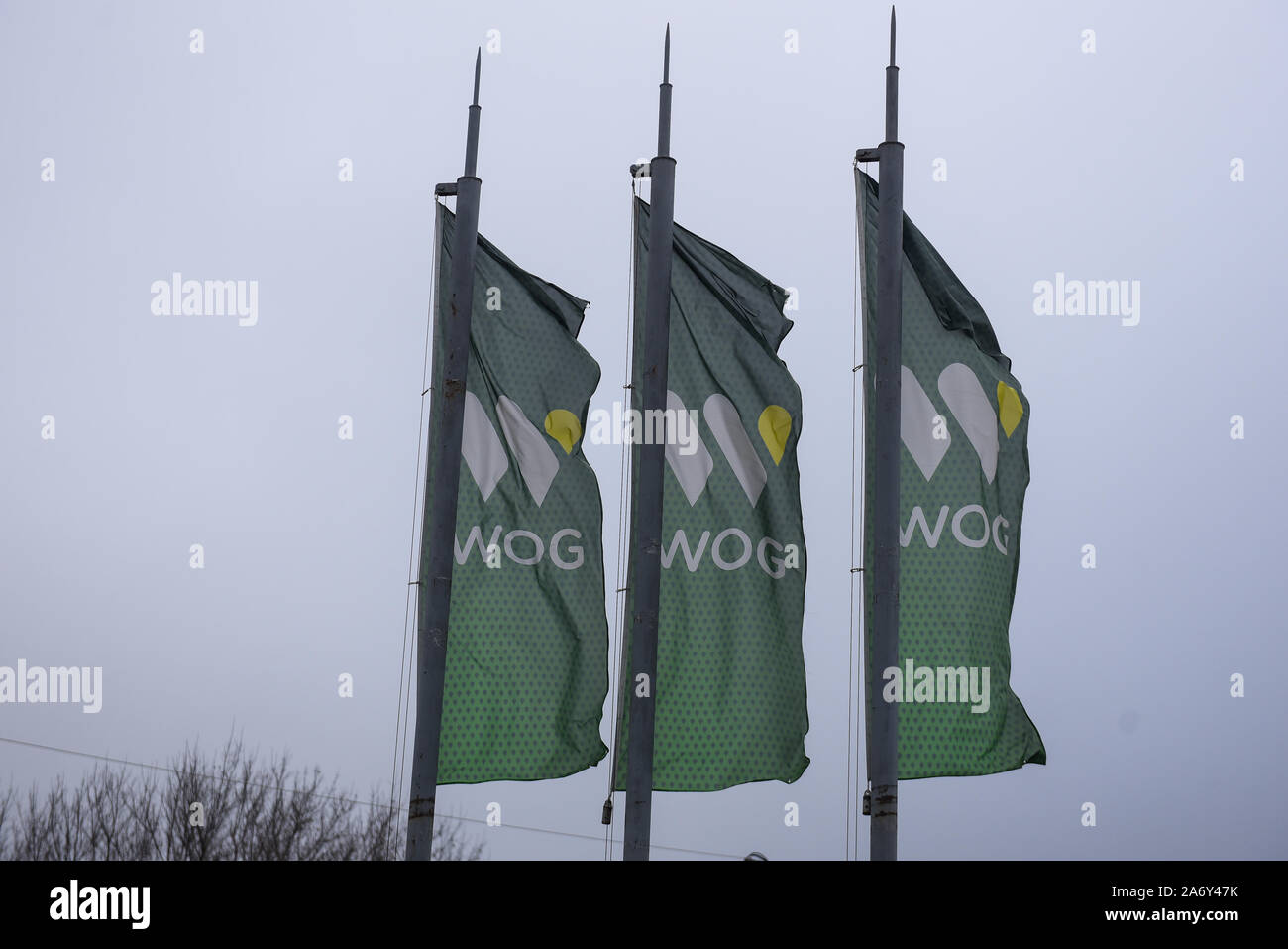 Ukrainian gas station flags WOG are seen next to a road Stock Photo - Alamy