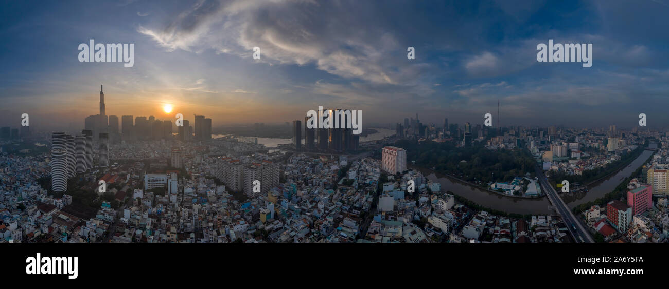 Five o'clock, early morning aerial urban panorama of Ho Chi Minh City ...