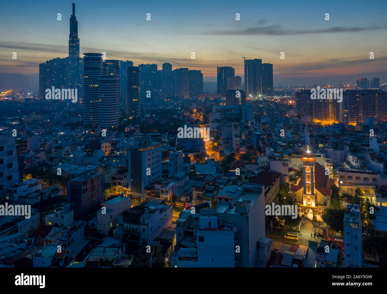 Five o'clock, early morning aerial urban view binh thanh district of Ho ...