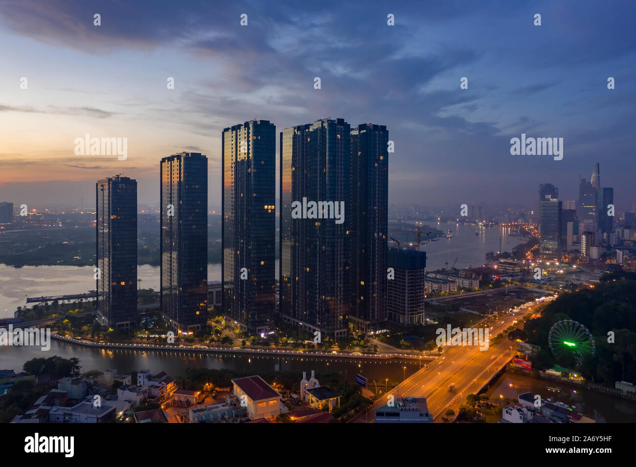 Five o'clock, early morning aerial urban photo of Ho Chi Minh City ...