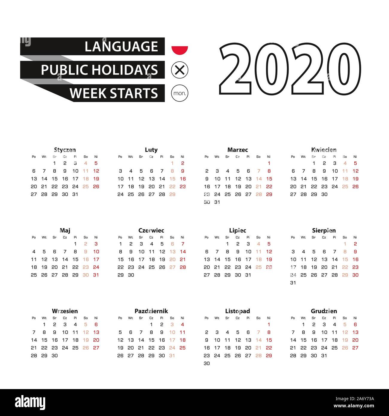 Calendar 2020 in Polish language, week starts on Monday. Vector ...