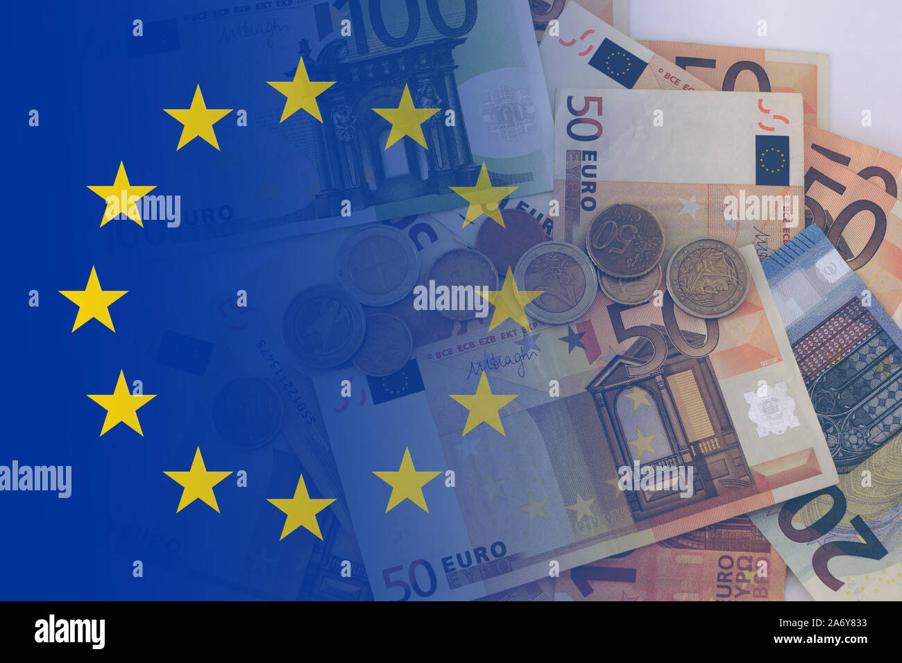 Flag of Europe with euro notes and coins as a background Stock Photo ...