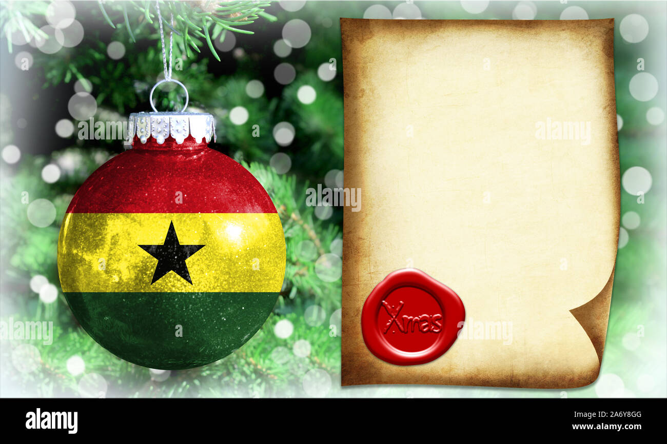 Christmas and New Year background with a flag of Ghana. There is a ...
