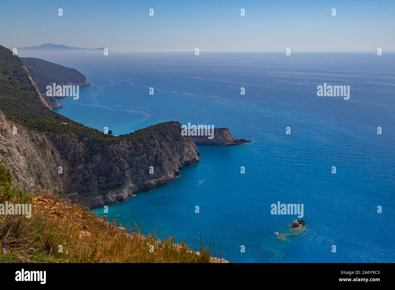 natural west coast of Lefkada island in Greece with blue sea and sky ...