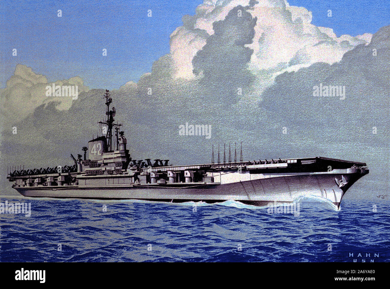 Original artwork by Hahn, USN - Water level starboard bow view of the ...