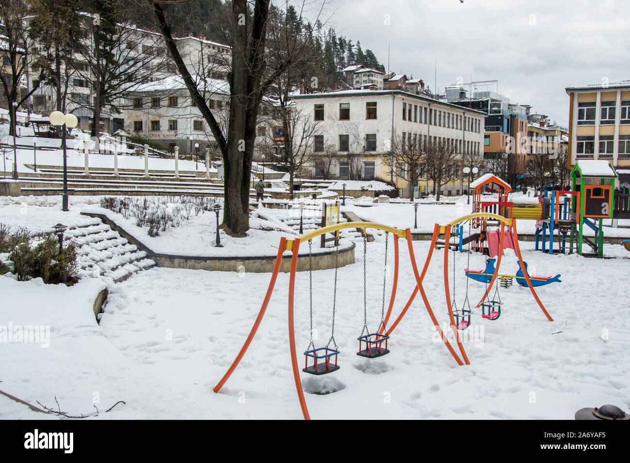 Wintertime in the city Smolyan, Bulgaria, empty children playground ...