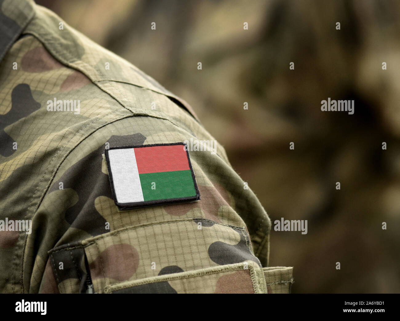 Flag of Madagascar on military uniform. Army, troops, soldiers. Collage ...