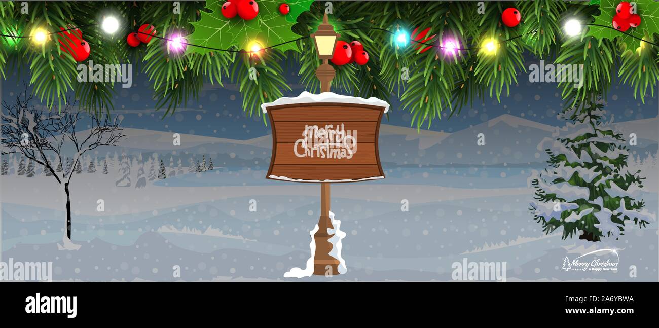 Beautiful horizontal Winter Landscape with fir leaf and christmas ...