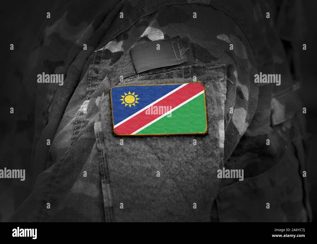 Flag of Namibia on military uniform. Army, troops, soldiers. Collage ...