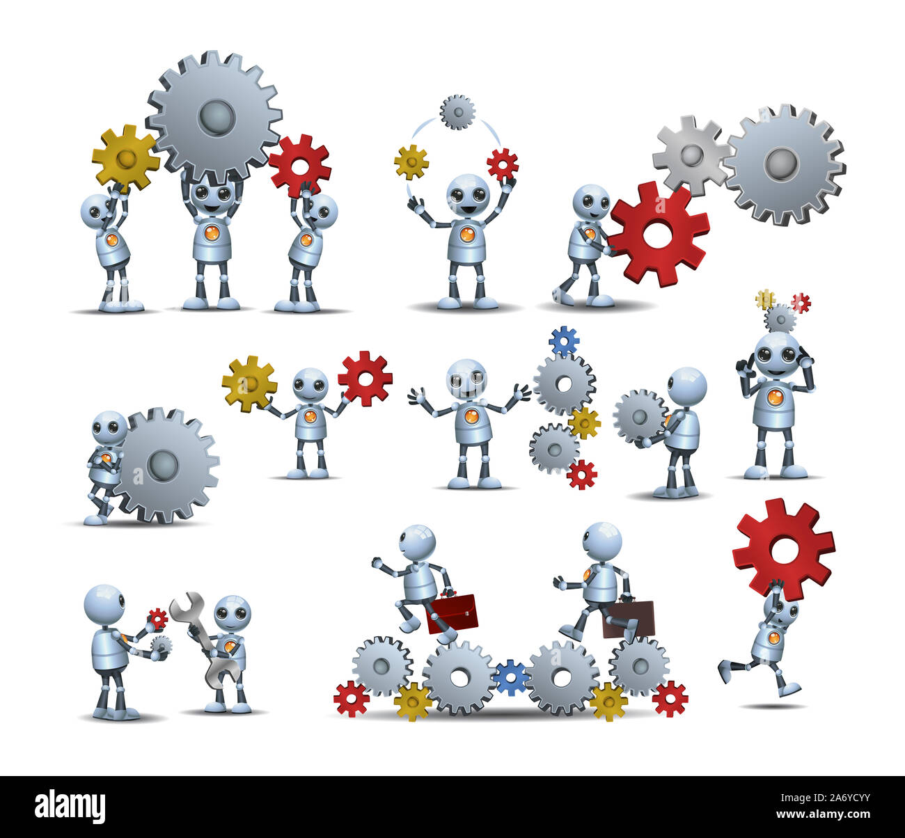 3d illustration of little robot handy robot man working figure cog ...