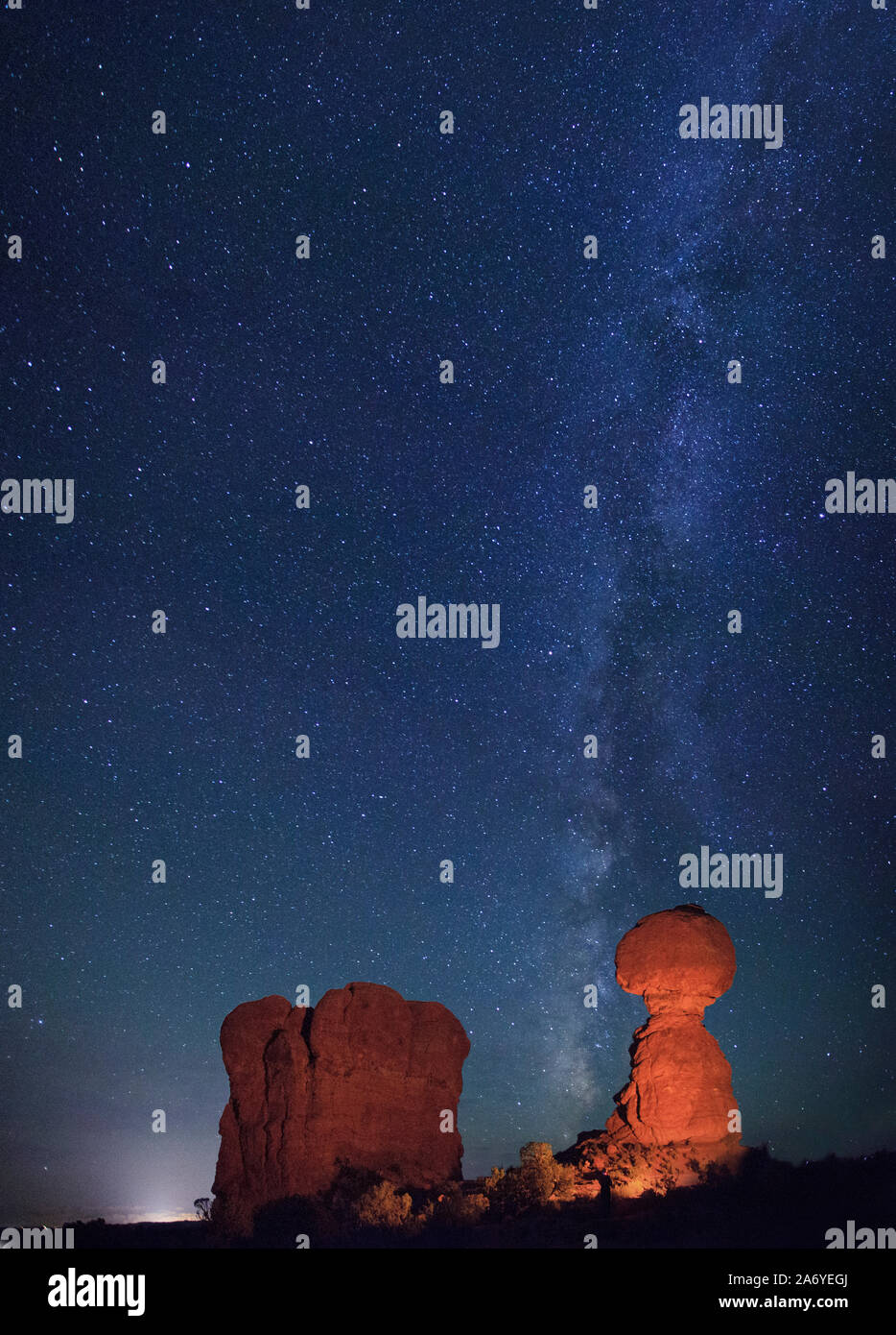 USA, Utah, Moab, Arches National Park, Balanced Rock and Milky Way ...