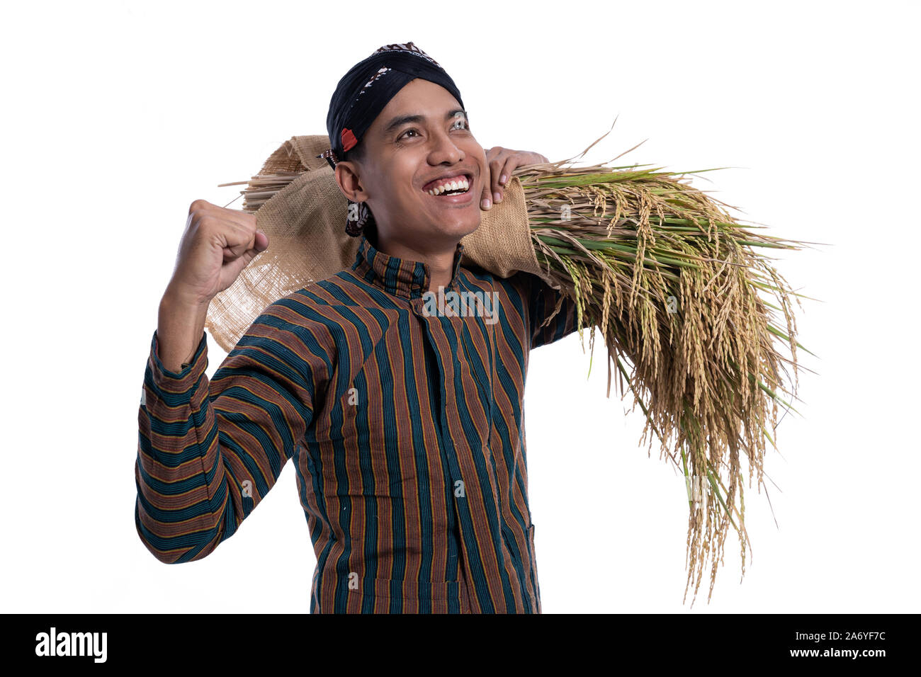 excited asian farmer raise his arm while carrying a bag of rice grain ...