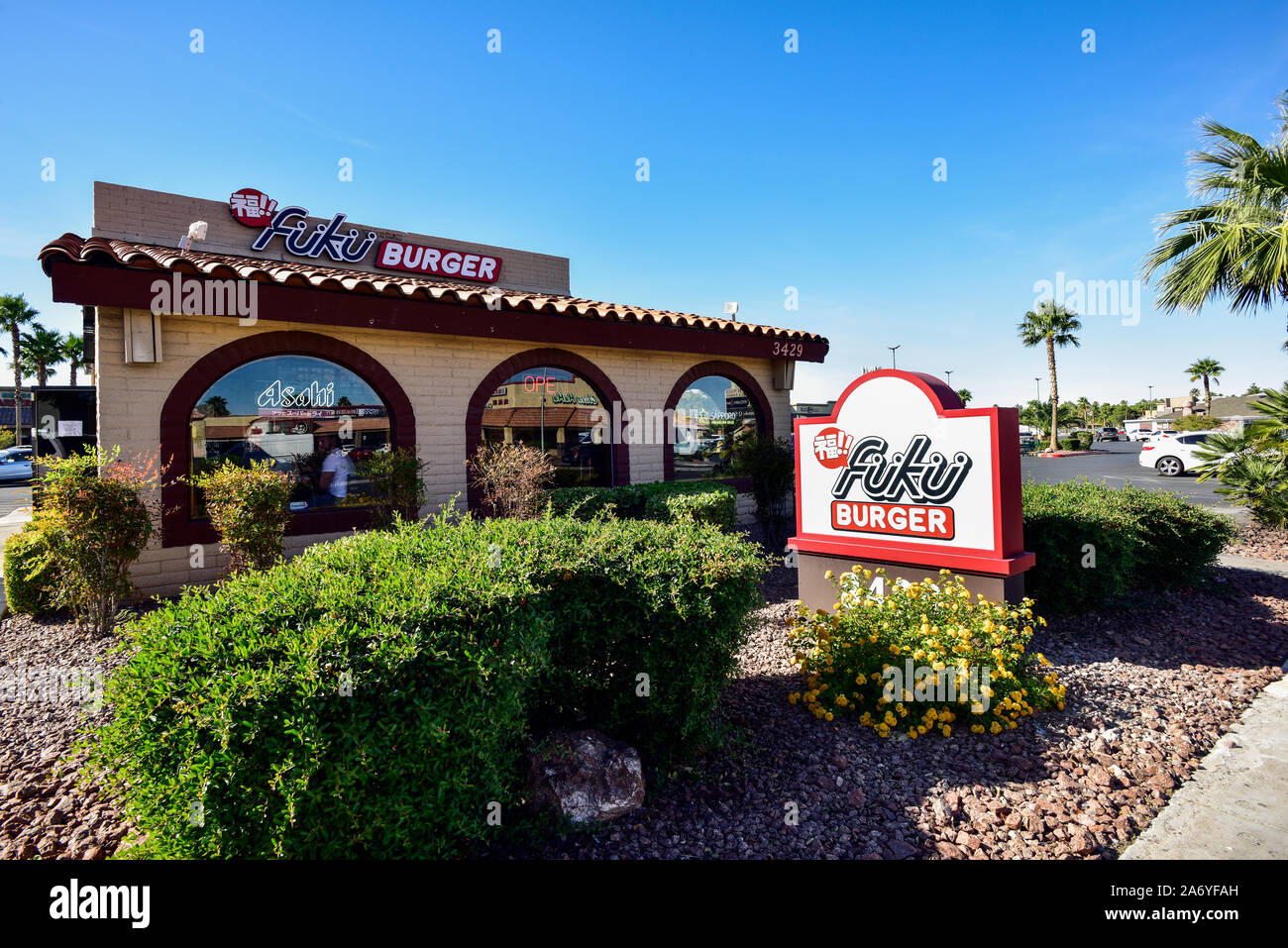 Storefront of a popular restaurant in Las Vegas, FUKU Burger Stock ...
