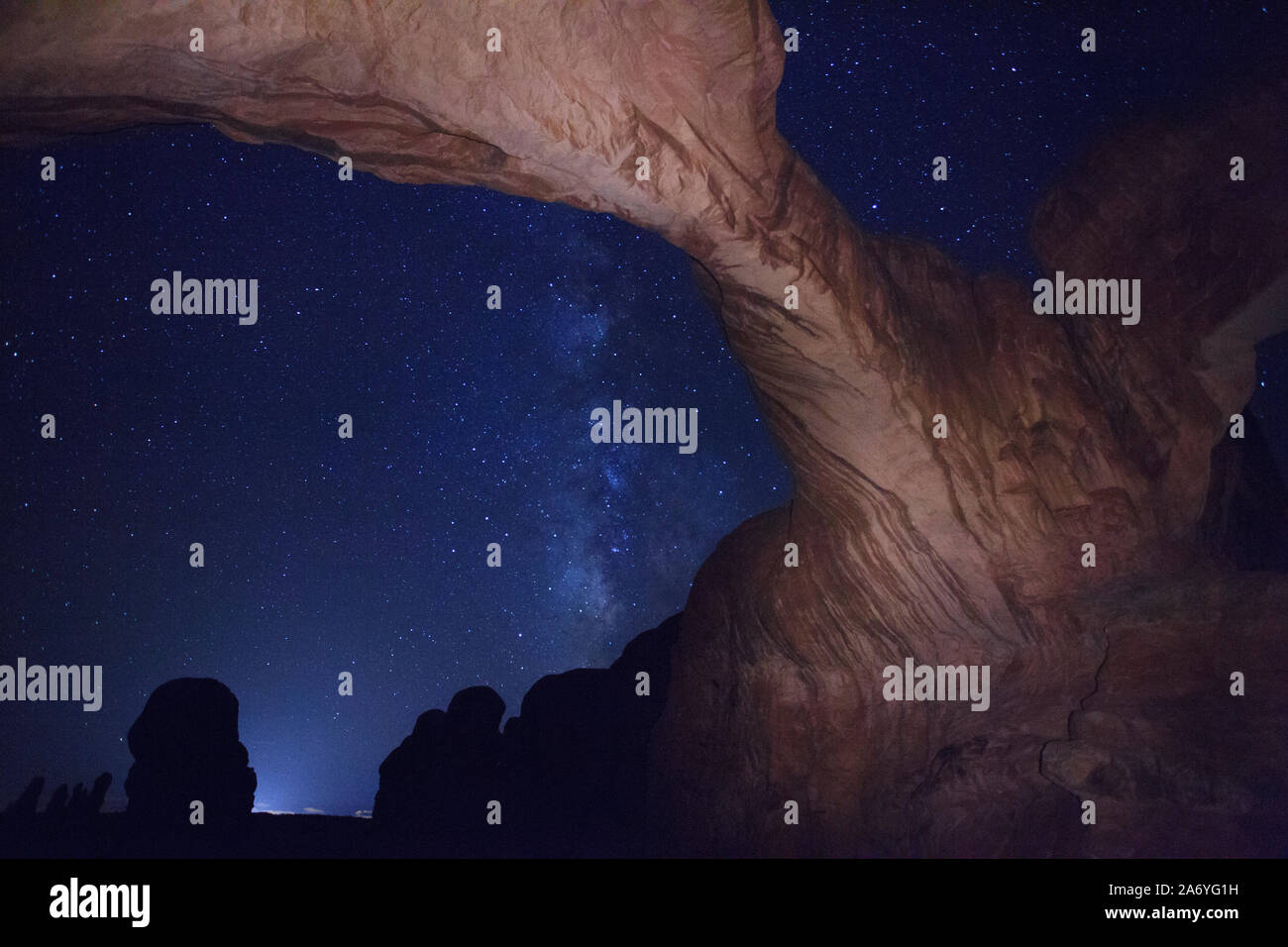 USA, Utah, Moab, Arches National Park, Double Arch and Milky Way Stock ...