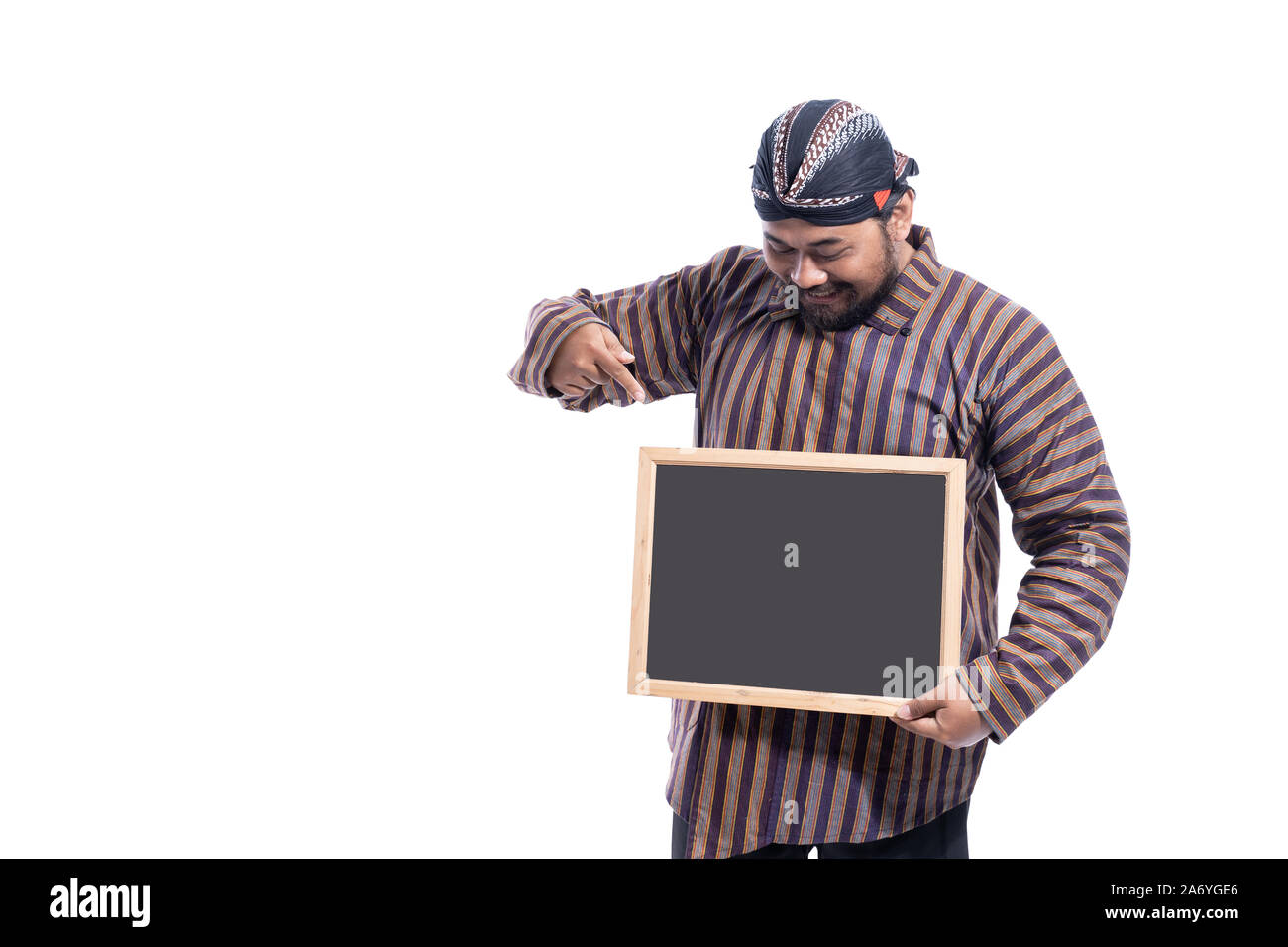 male with javanese traditional cloth lurik with blank board Stock Photo ...