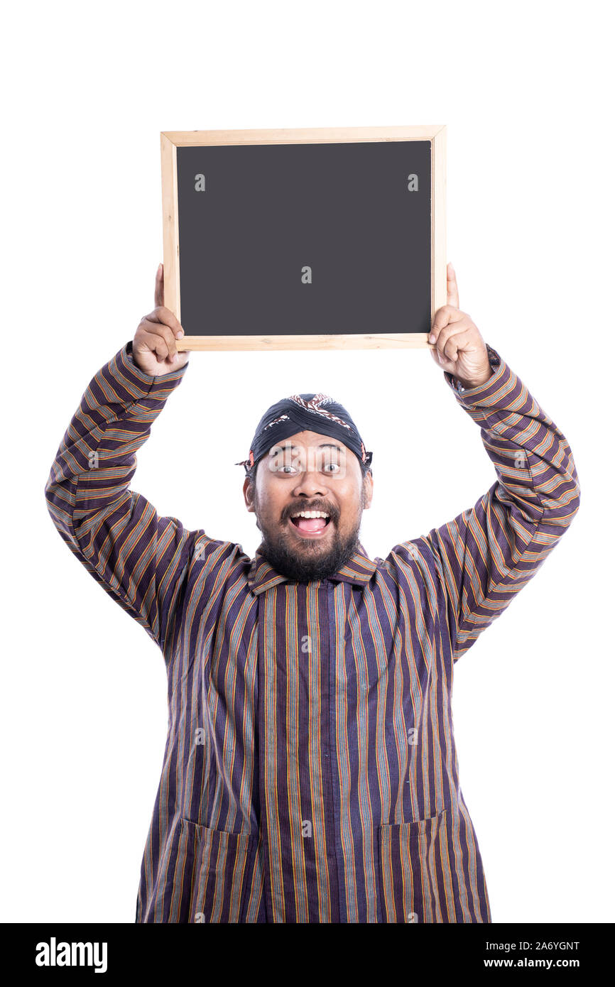 male with javanese traditional cloth lurik with blank board Stock Photo ...
