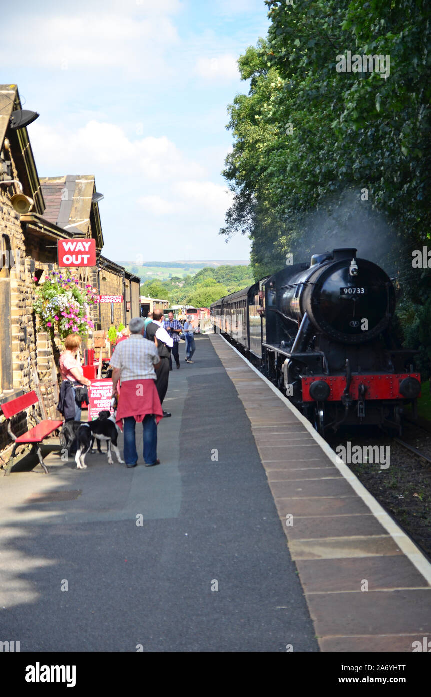 Steam train arriving, Ingrow Station, KWVR, Keighley and Worth Valley ...