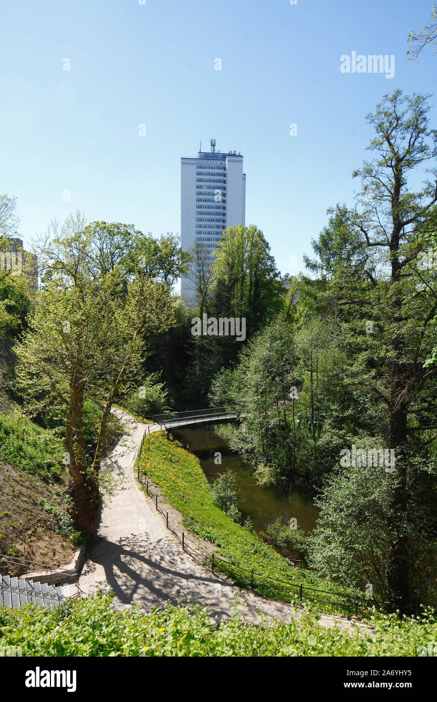 Modern residential building, skyscraper, ramparts, Rostock, Mecklenburg ...