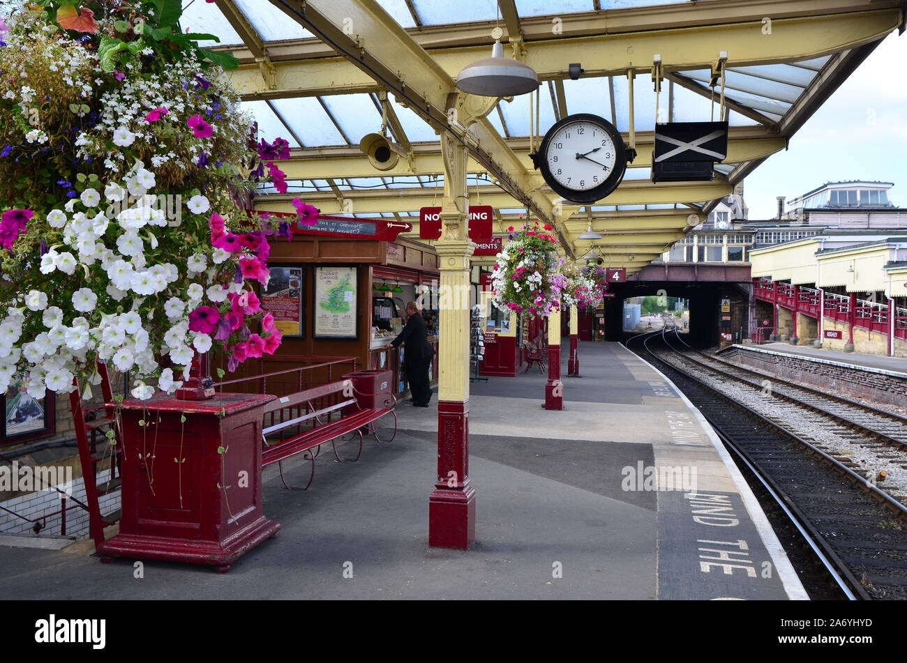 Summer flower baskets, Keighley Railway station, KWVR 3, Keighley and ...