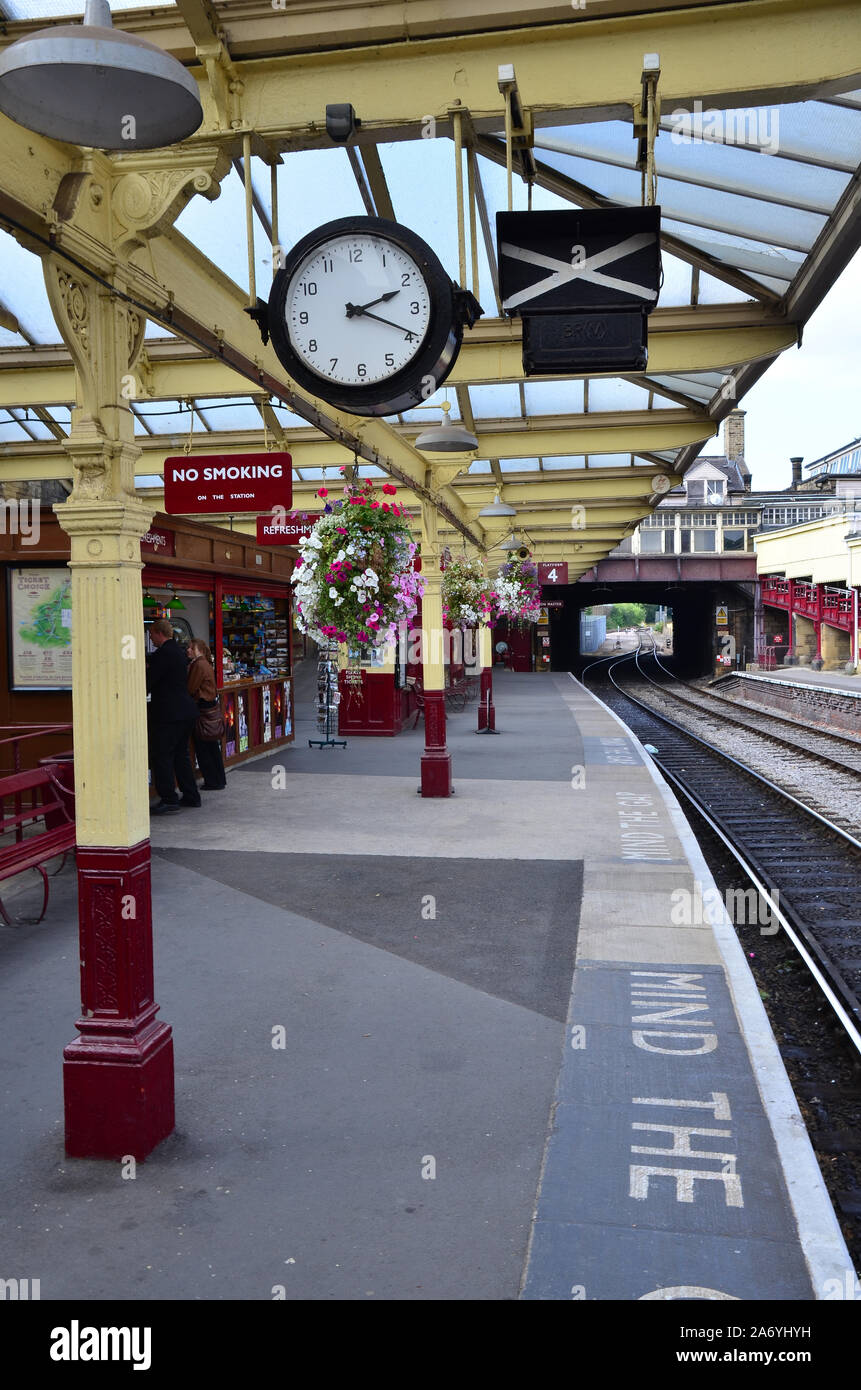Summer flower baskets, Keighley Railway station, KWVR 2, Keighley and ...