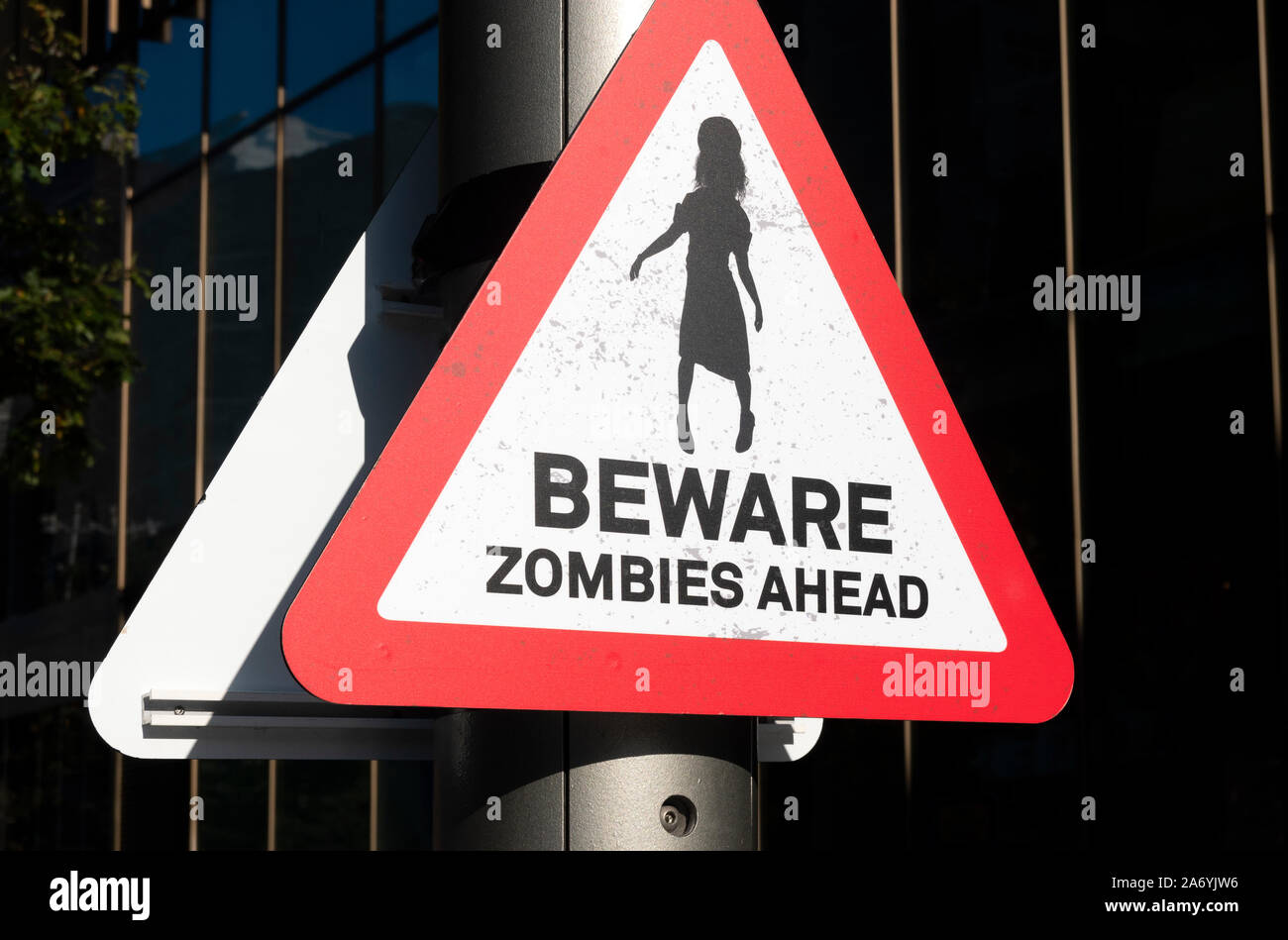 Beware Zombies Ahead sign in Liverpool Stock Photo - Alamy