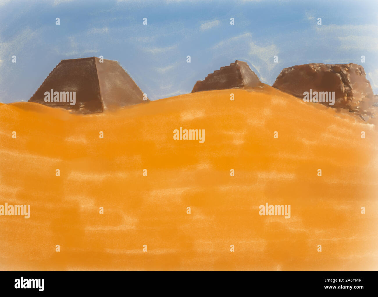 watercolor illustration: Pyramids behind a large sand dune in the ...