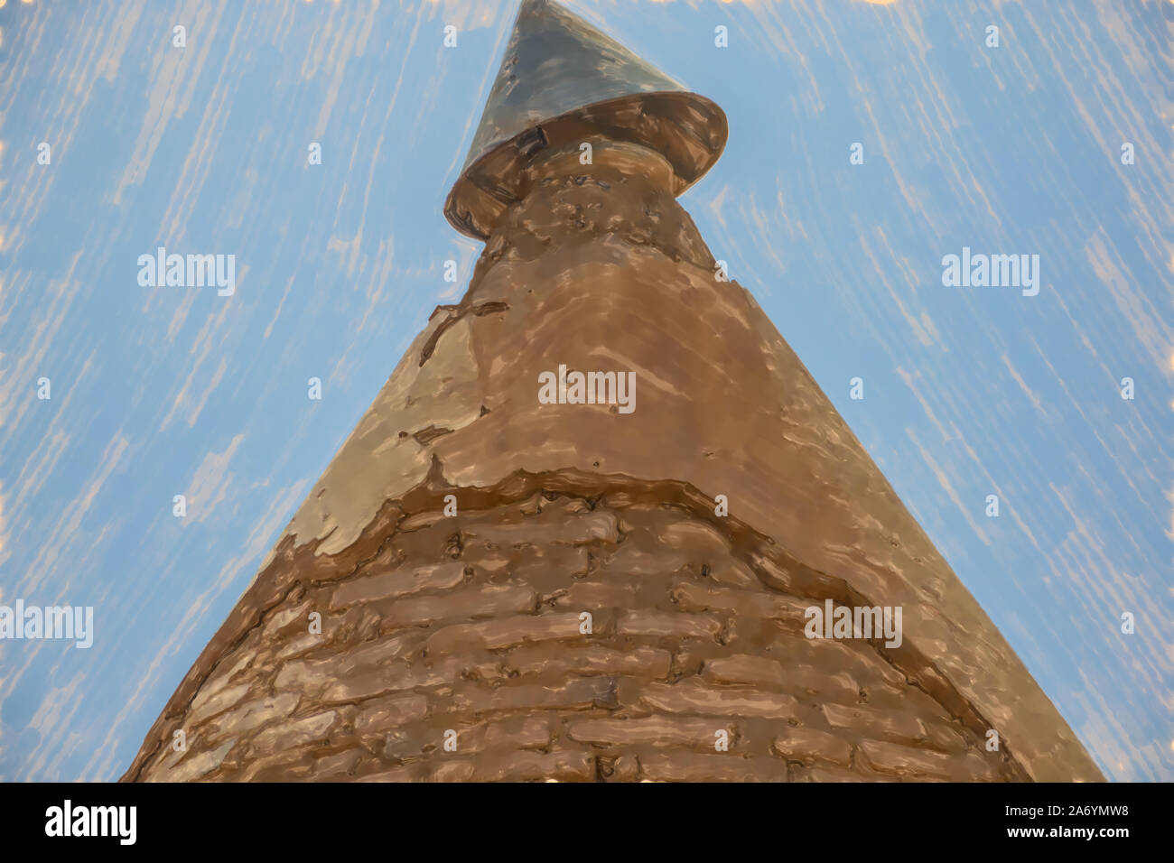 watercolor illustration: Old partially destroyed pointed roof of a ...