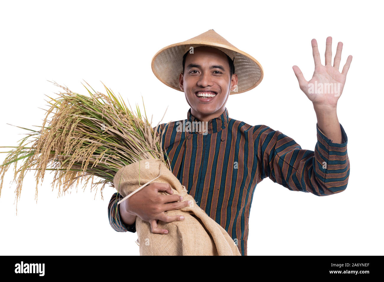 happy farmer waving his hand to camera isolated over white Stock Photo ...