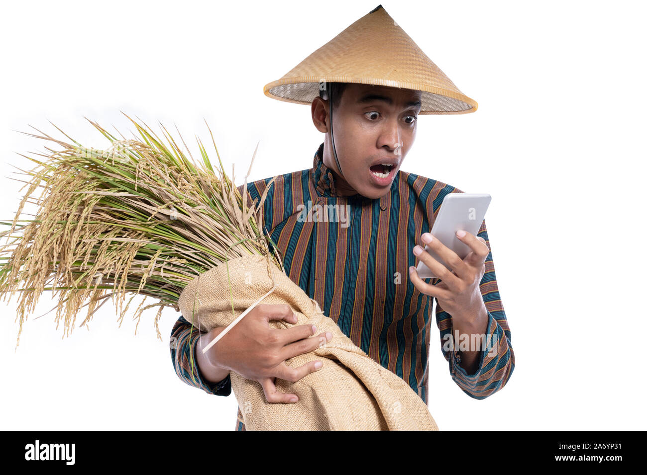 shocked rice farmer while looking at his phone Stock Photo - Alamy