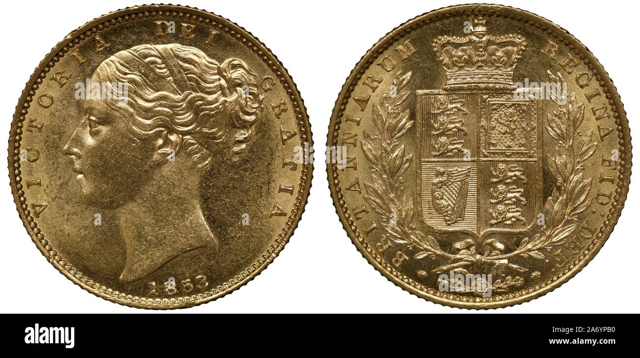 Great Britain British golden coin 1 one sovereign 1853, young head of ...