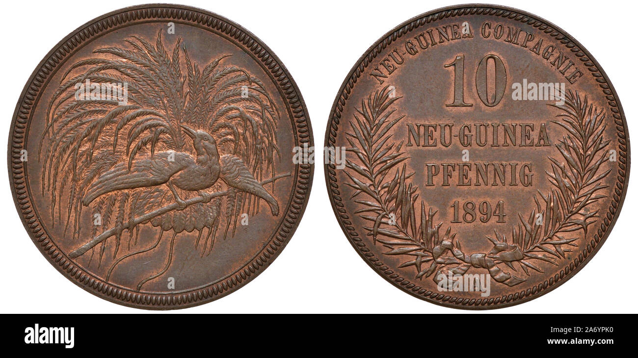 German New-Guinea (Company) coin 10 ten pfennig 1894, bird of paradise ...