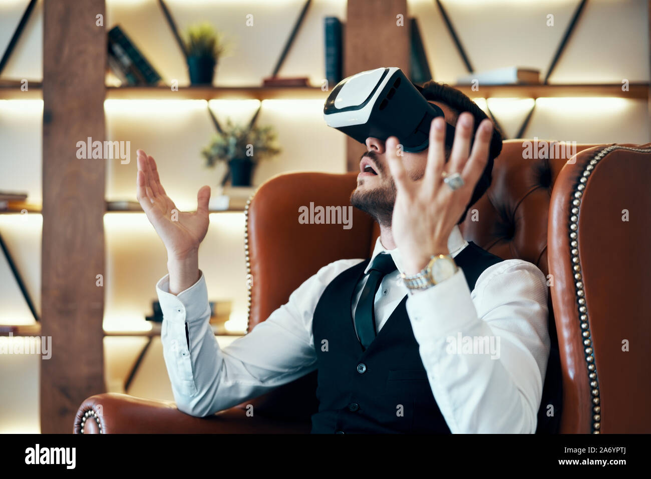 Man wearing virtual reality goggles. Future technology concept Stock ...