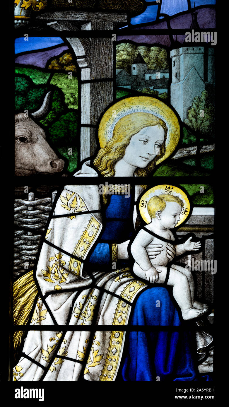 Nativity stained glass, St. Kenelm`s Church, Enstone, Oxfordshire ...