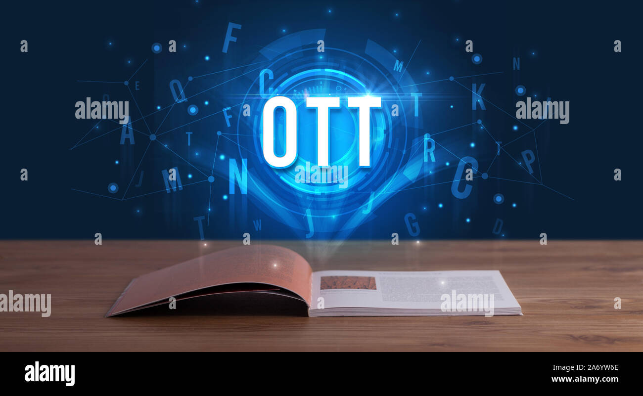 OTT inscription coming out from an open book, digital technology ...