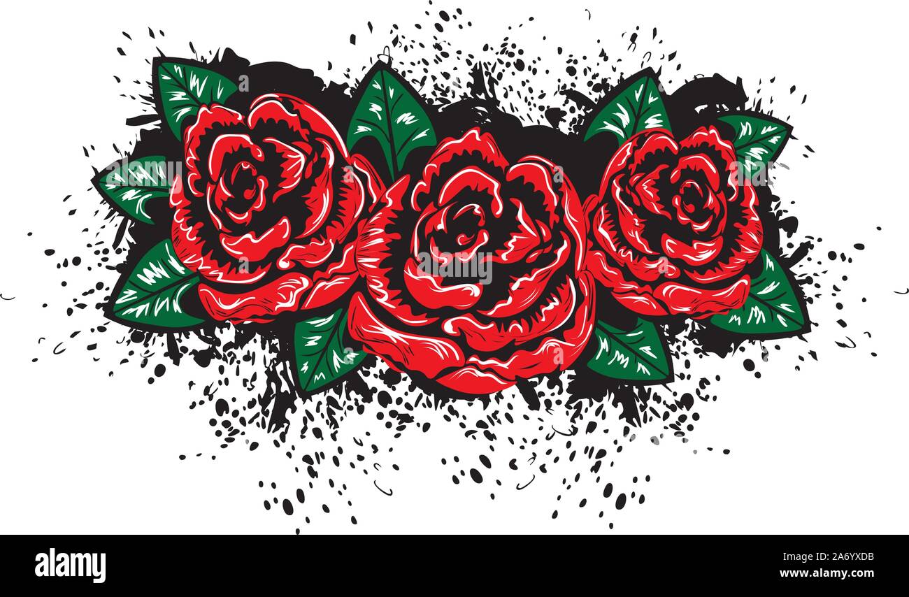 Retro stylized roses with grunge splatters, sketch style illustration ...
