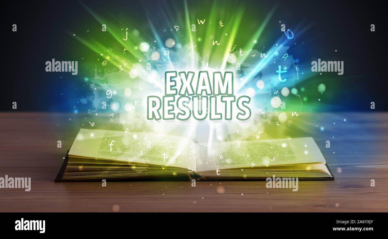 EXAM RESULTS inscription coming out from an open book, educational ...