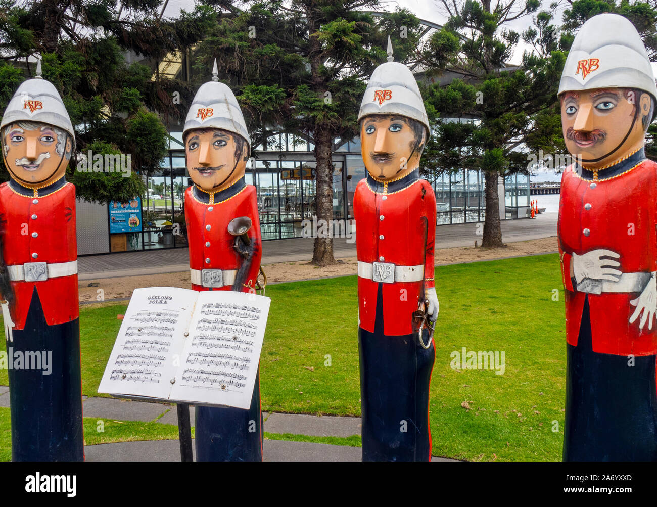 Baywalk bollard trail walk wooden sculptures of band musicians by Jan ...