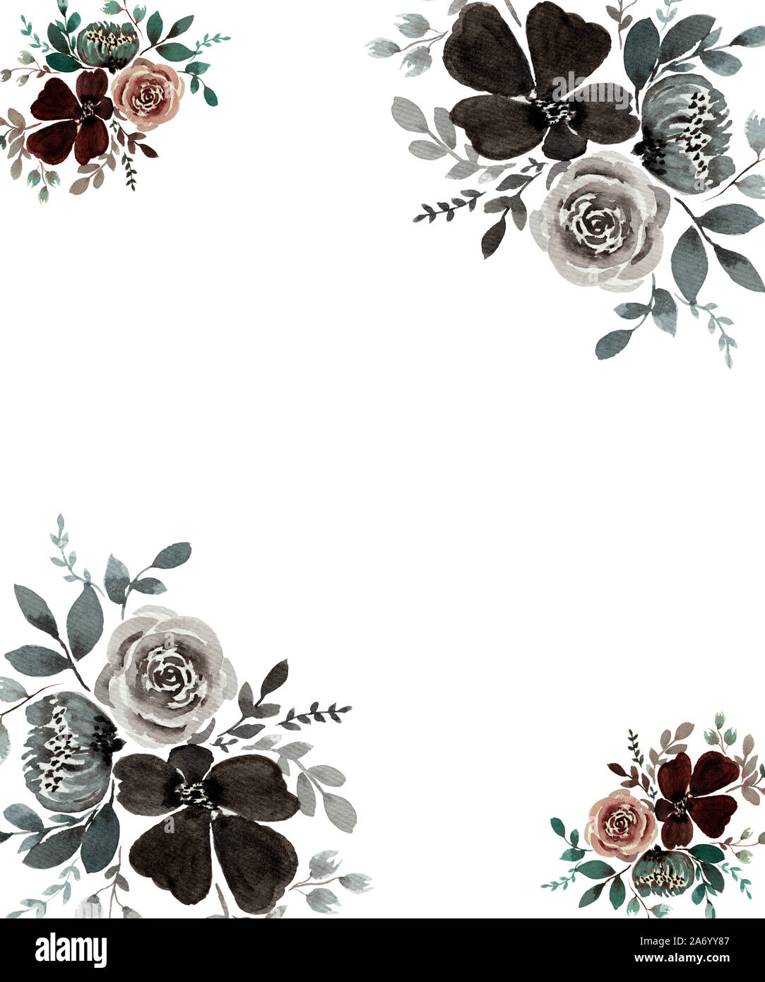 monochrome floral decorative frame, gray colored floral arrangement ...