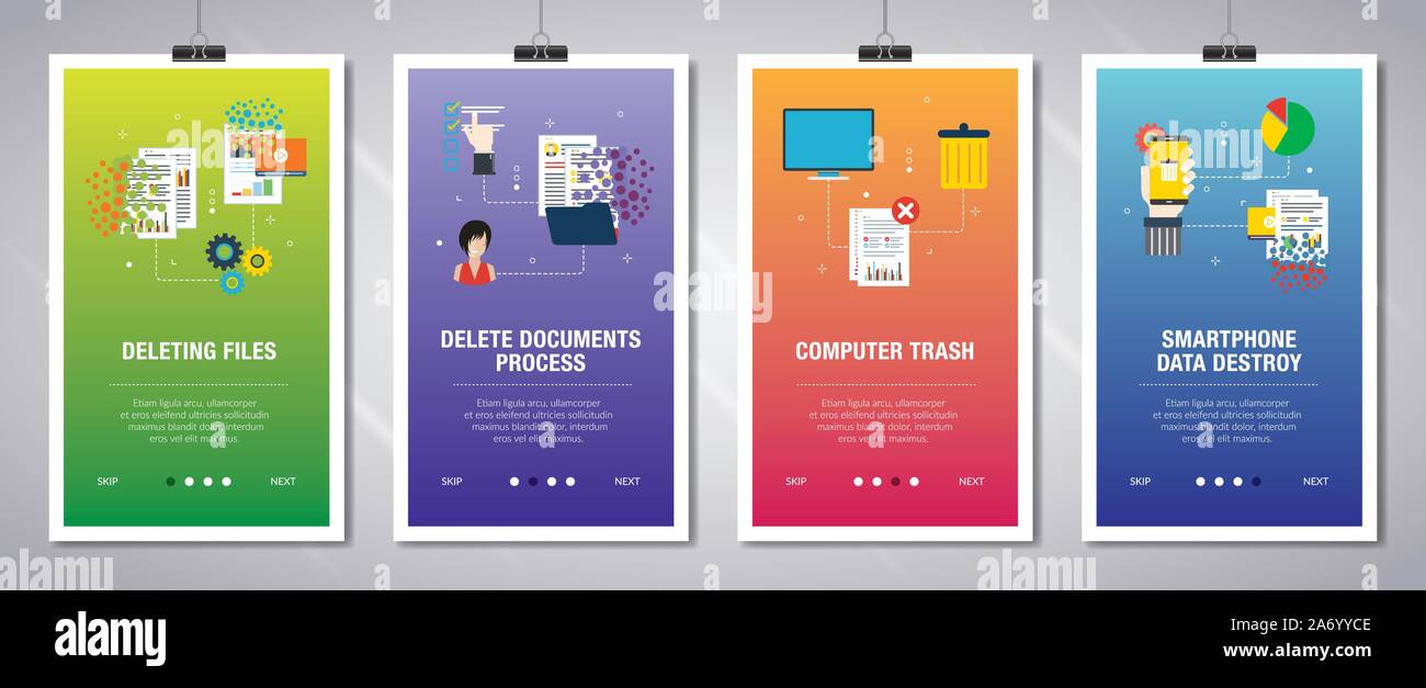 Vector set of vertical web banners with deleting files, delete documents, computer trash and ...
