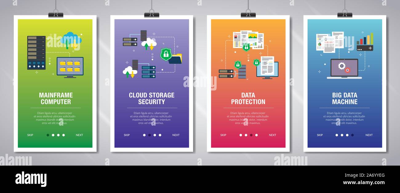 Vector set of vertical web banners with mainframe computer, cloud storage security, data ...