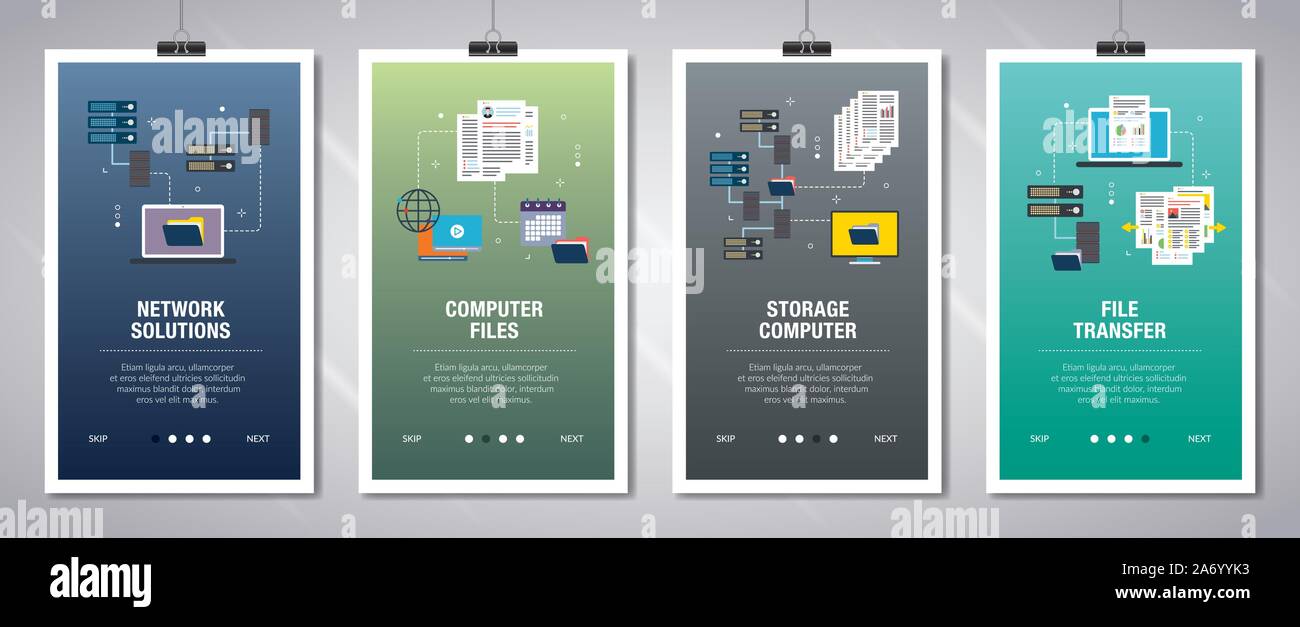 Vector set of vertical web banners with network solutions, computer files, storage computer and ...