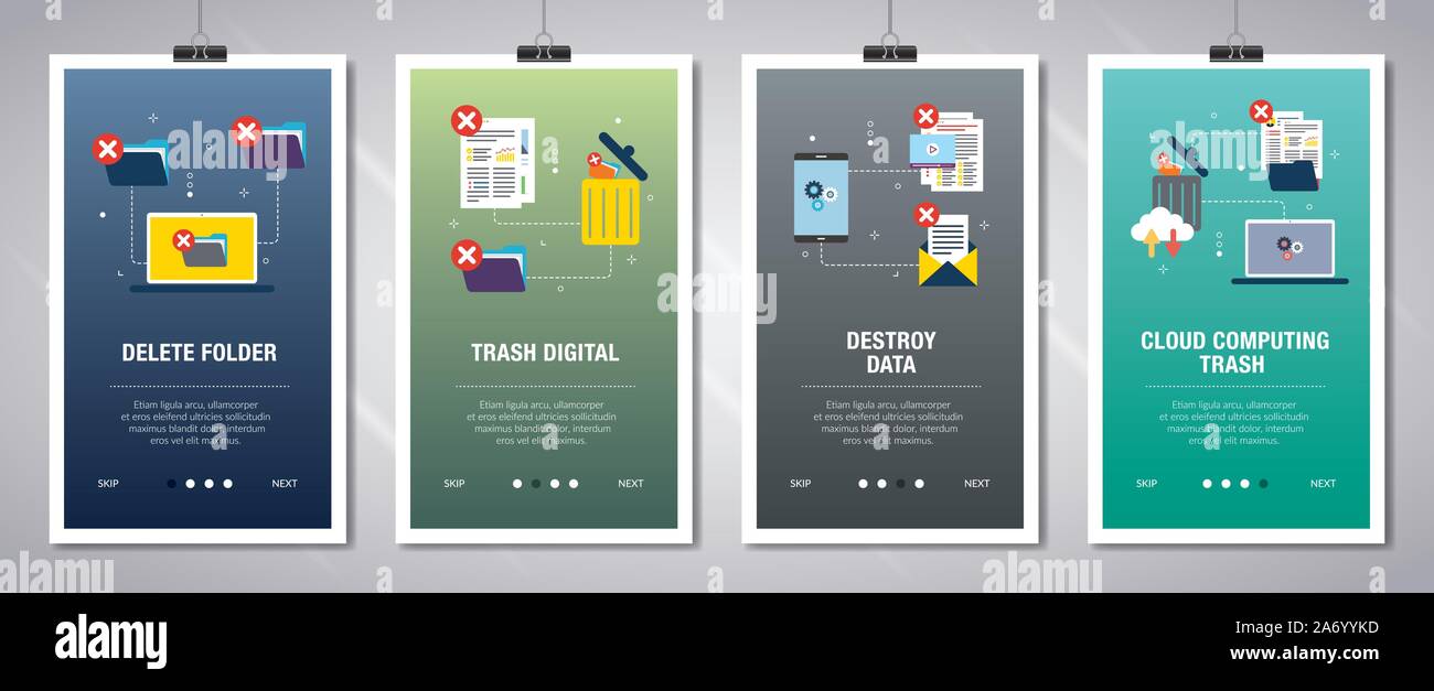 Vector set of vertical web banners with delete folder, trash digital, destroy data and cloud ...