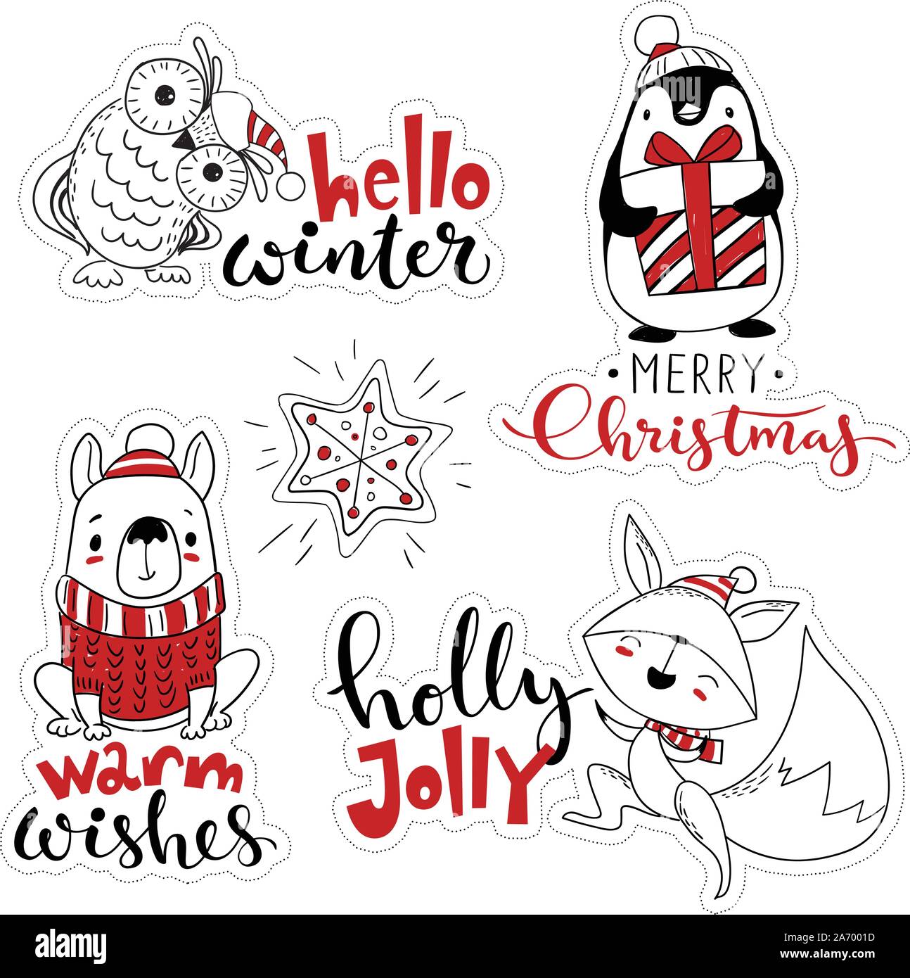 Line style vector Christmas sticker set. Cute labels with cartoon ...