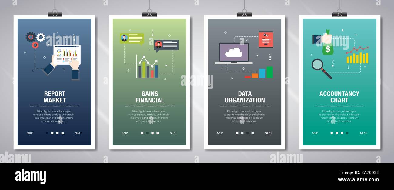 Web banners concept in vector with report market, gains financial, data ...