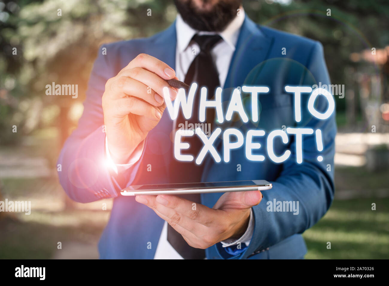 Conceptual hand writing showing What To Expect. Concept meaning asking ...