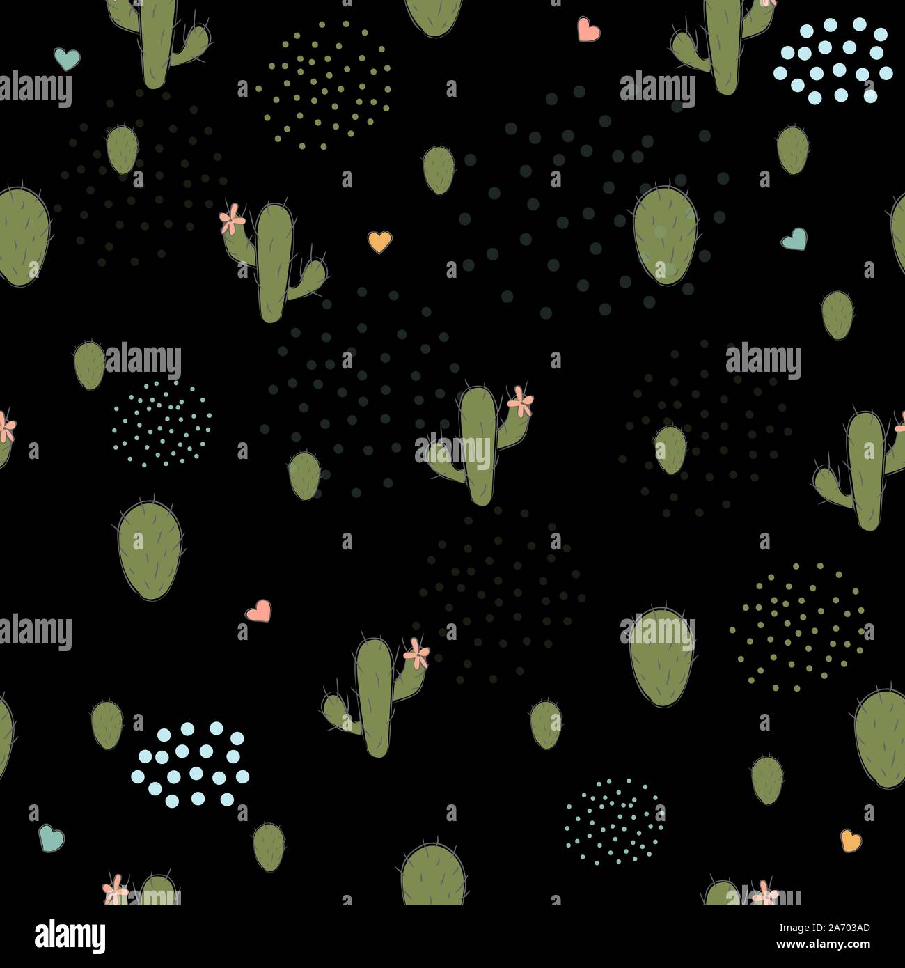 Cute seamless pattern with green cacti and hearts on black background ...